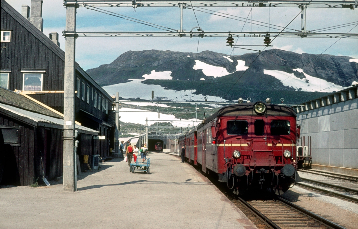 Bergensbanen. Finse stasjon. Tog til Flåm. NSB motorvognsett type 65c ...