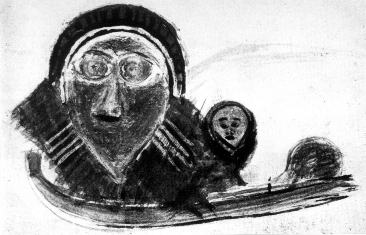 Stallo og hans kone Luttak i en pulk. Tegning av Johan Turi. Fra Ernst ...