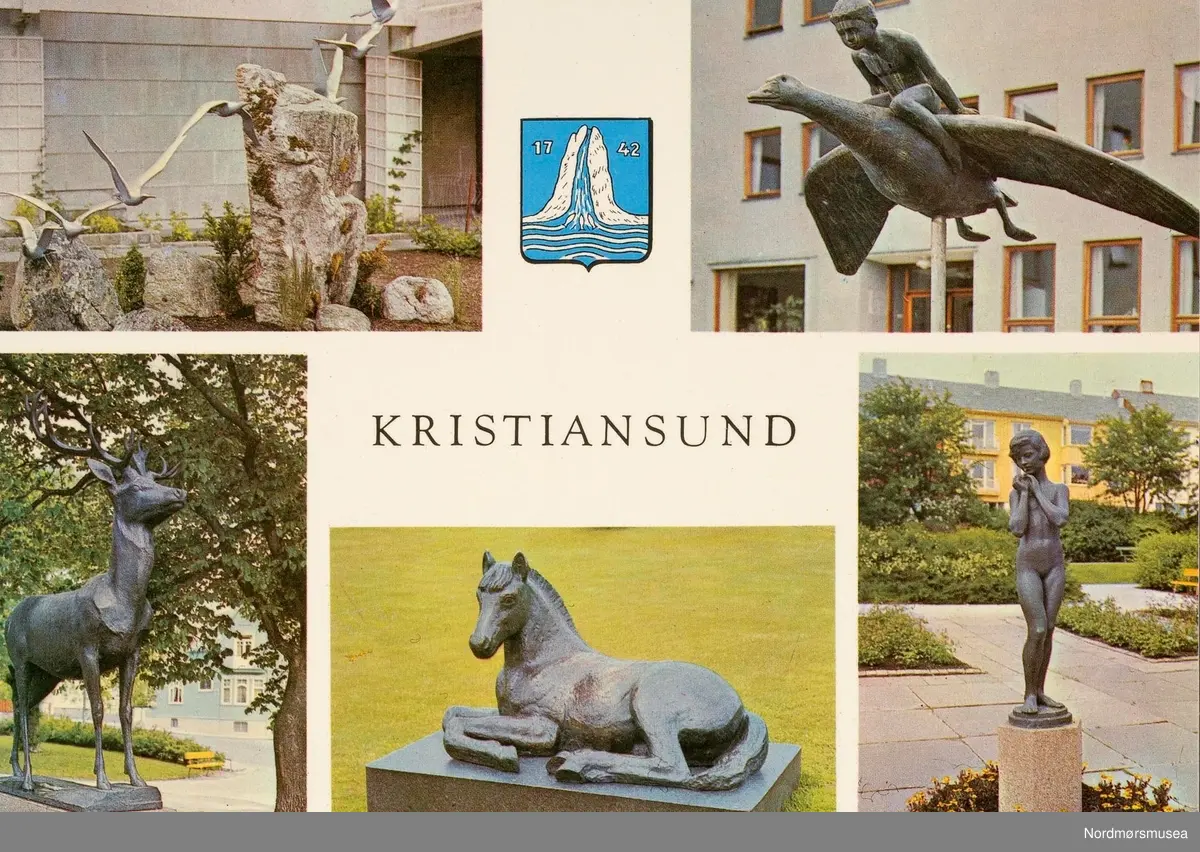 Postkort ";1886/25"; med motiv fra fem kjente skulpturer på Kirkelandet ...
