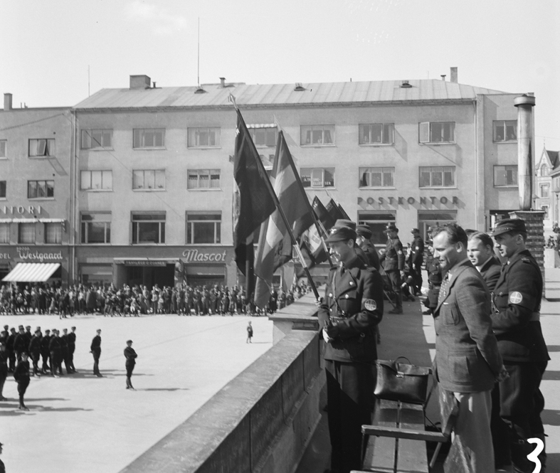 NS, Hirden, Nasjonal Samling. Hirdstevne på Hamar 4. mai 1941. Østre ...